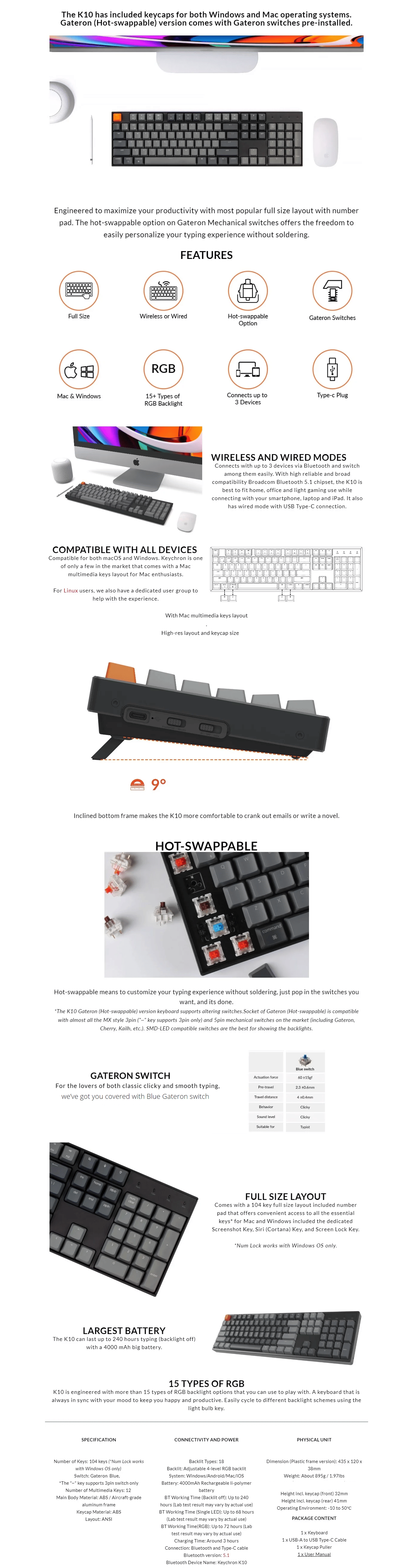 Keychron K10 Wireless RGB Backlight Hot-Swappable 104 Keys Mechanical ...