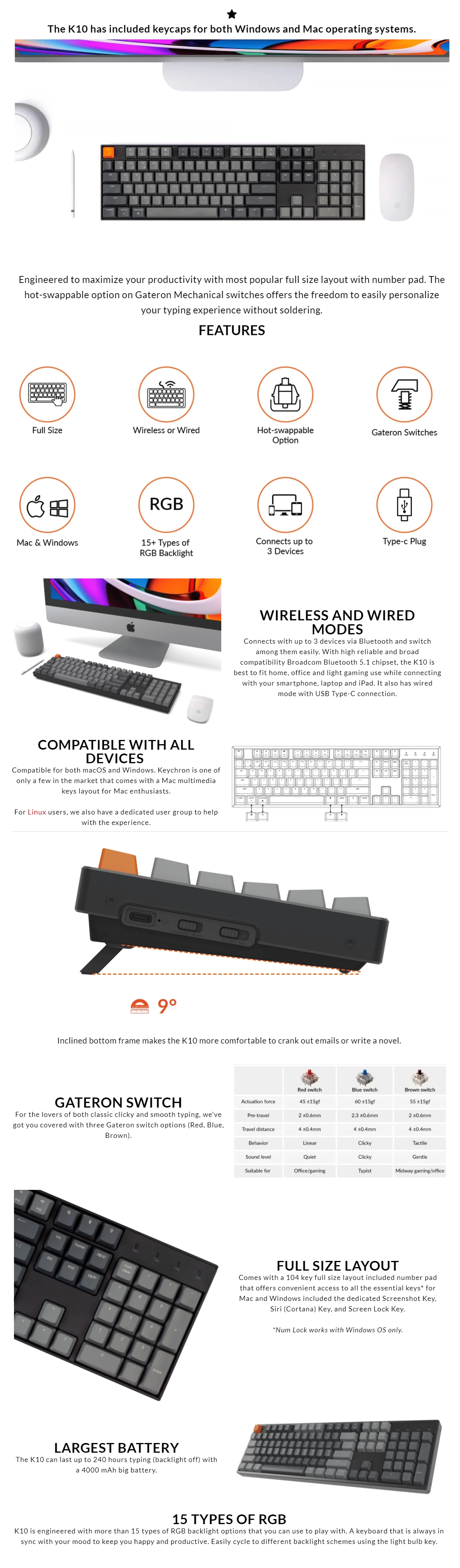 Keychron K10 Bluetooth Wireless Hot-swappable RGB Backlit Aluminium ...