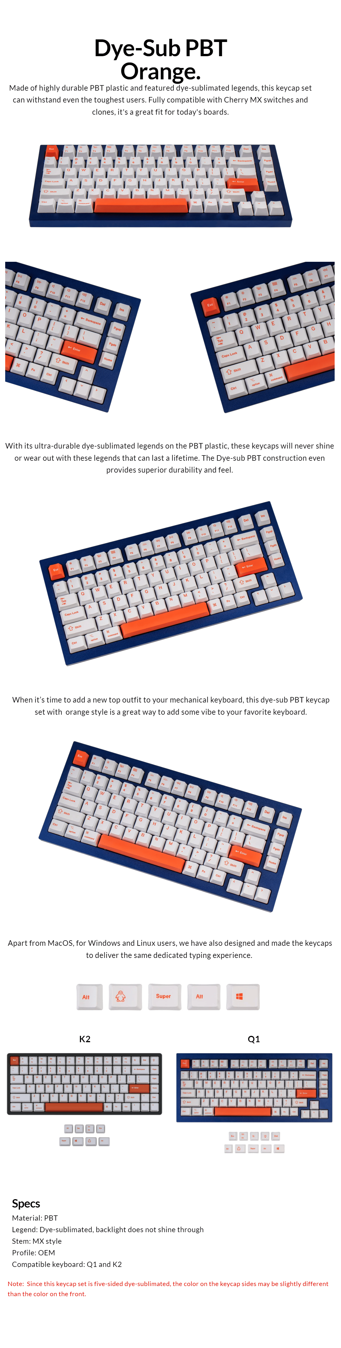 Keychron K2/Q1 Dye-Sub PBT Keycap Set Orange/White