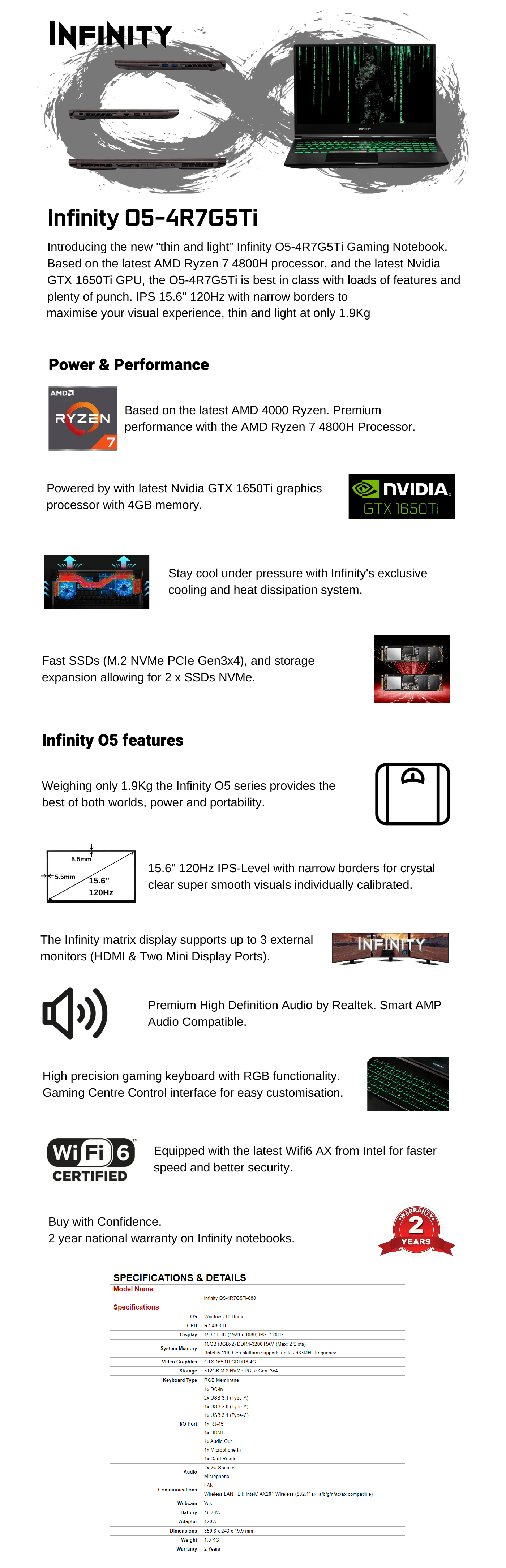 Infinity O5,15.6" FHD 120Hz, R7-4800H, 16GB RAM, 512GB SSD, Geforce GTX1650Ti, Windows 10 Home