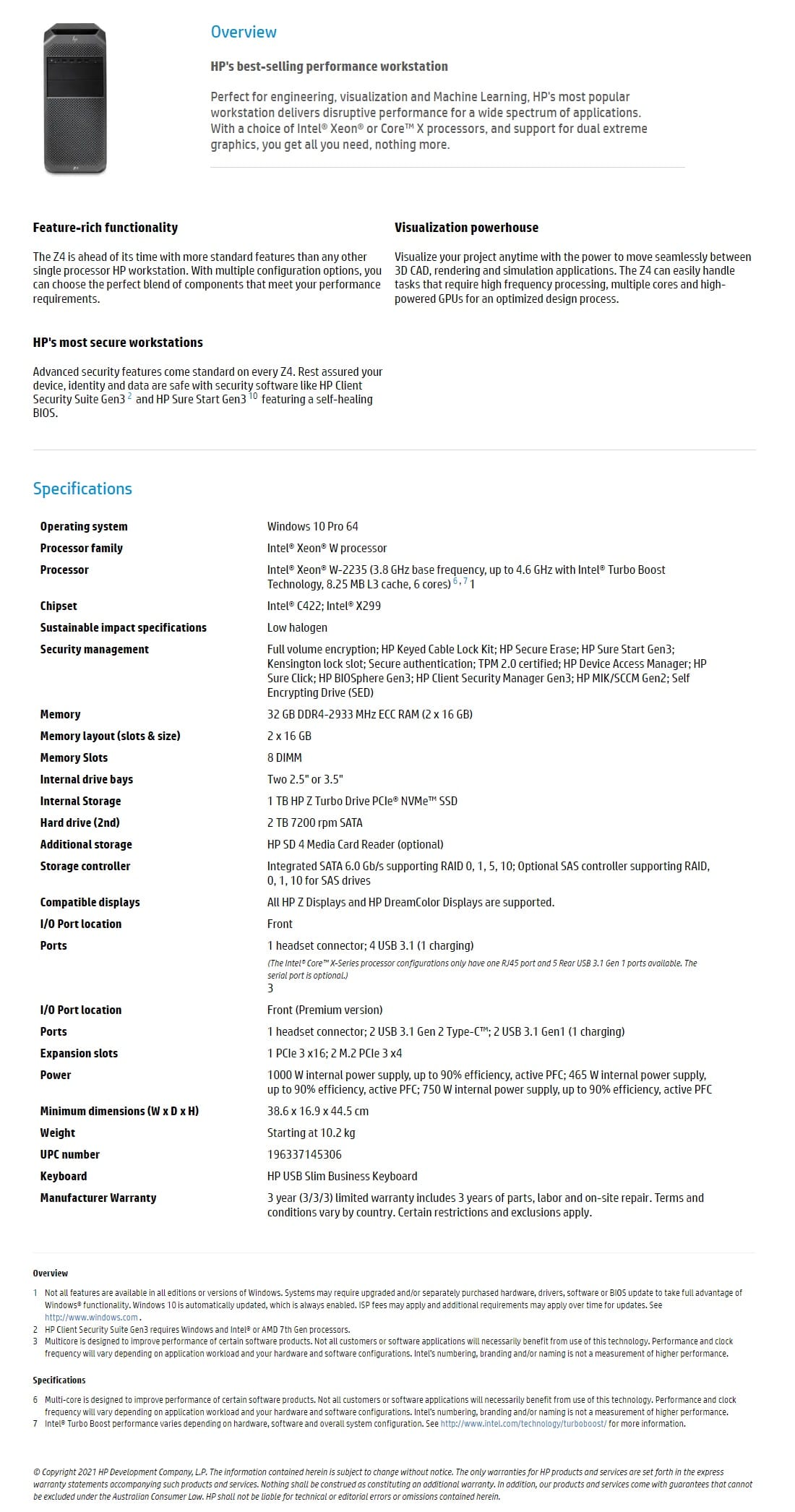 HP Workstation Z4 G4 Tower Desktop PC W-2235, 32GB RAM, 1TB SSD+2TB HDD ...