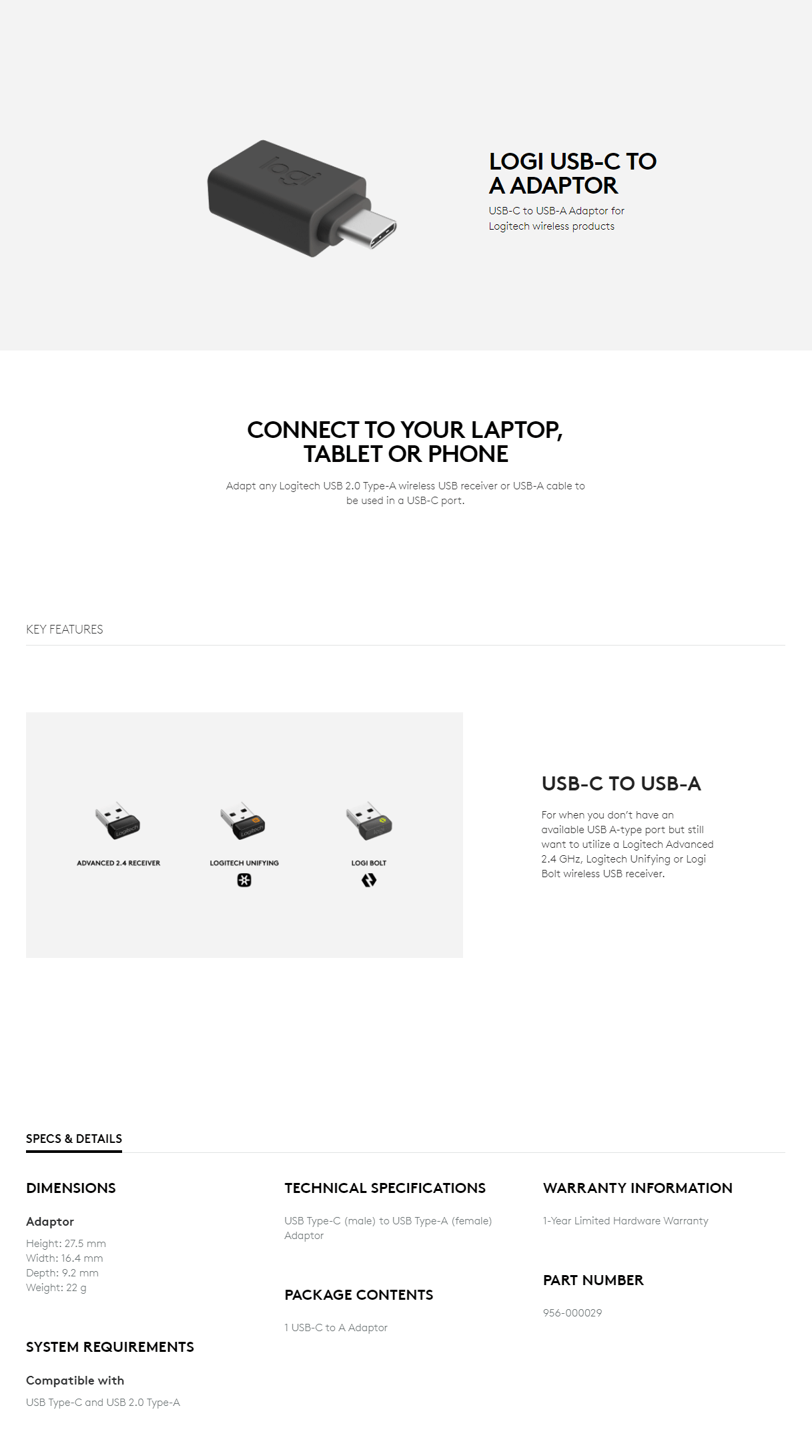 Logitech LOGI USB-C To A Adapter