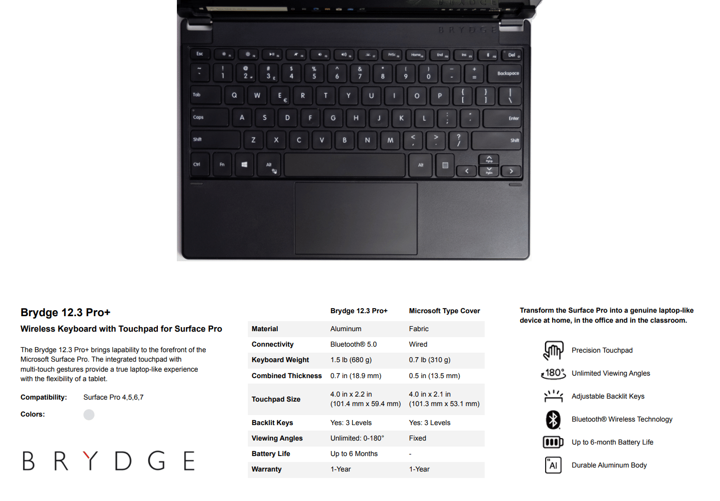 Brydge 12.3 Pro+ Wireless Keyboard With TouchPad For Surface Pro-Silver