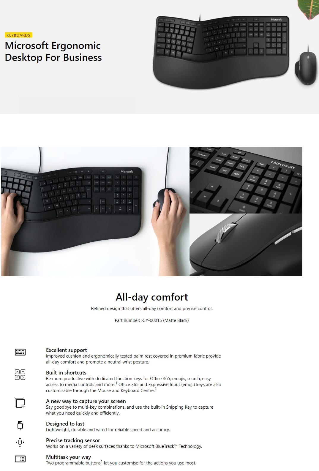 Microsoft Ergonomic Desktop Keyboard And Mouse For Business - Matte Black