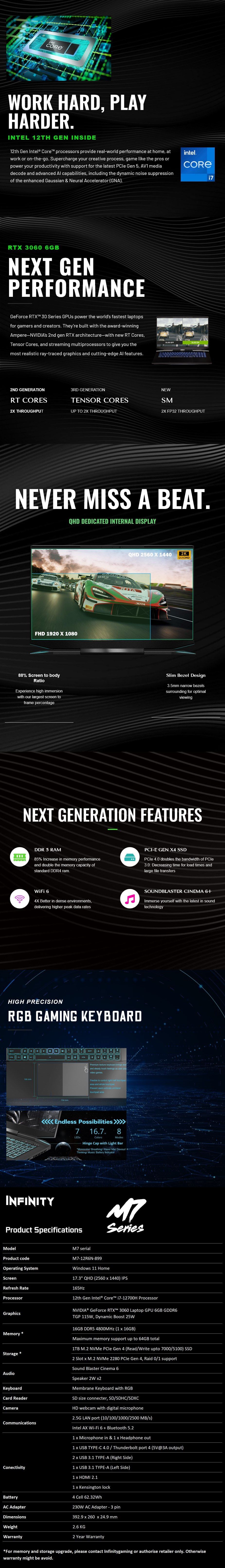 Infinity M7-12R6N-899 Gaming Laptop, 17.3" QHD 165Hz, i7-12700H, 16GB ...