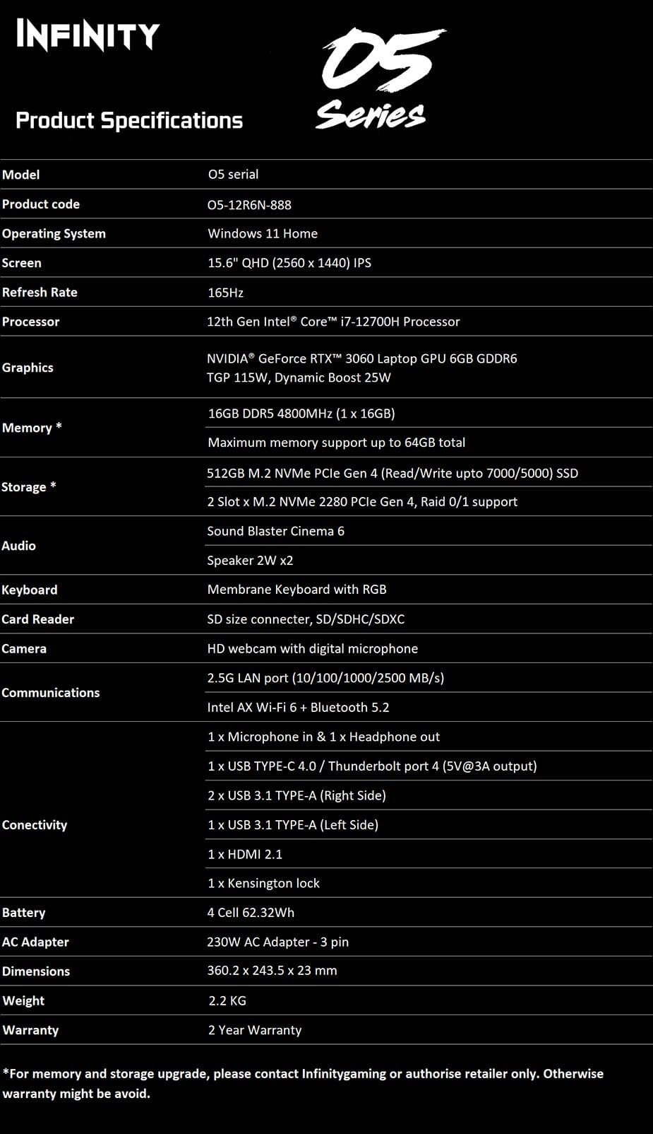 Infinity O5-12R6N-888 Gaming Laptop, 15.6" QHD 165Hz, i7-12700H, 16GB ...