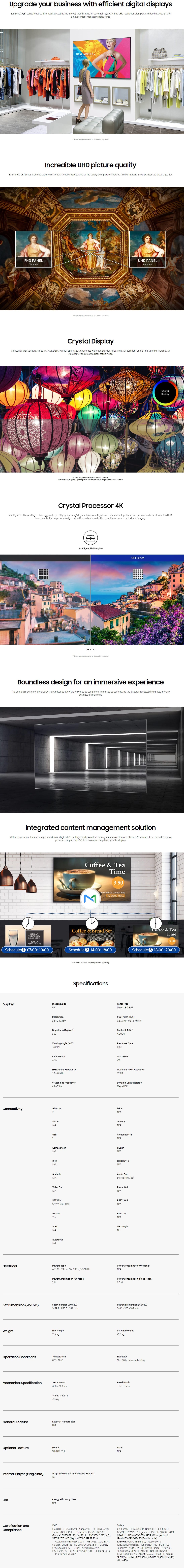 Samsung QE65T 65" 4K UHD 16/7 300 Nits Professional Commercial Display