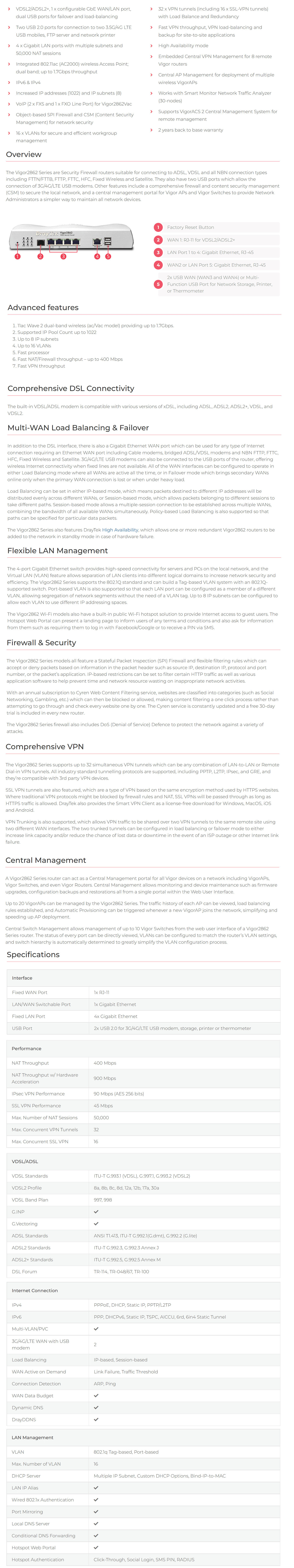 DrayTek Vigor 2862 Multi-WAN VDSL2/ADSL2+ Firewall QoS IPv6 Modem Router