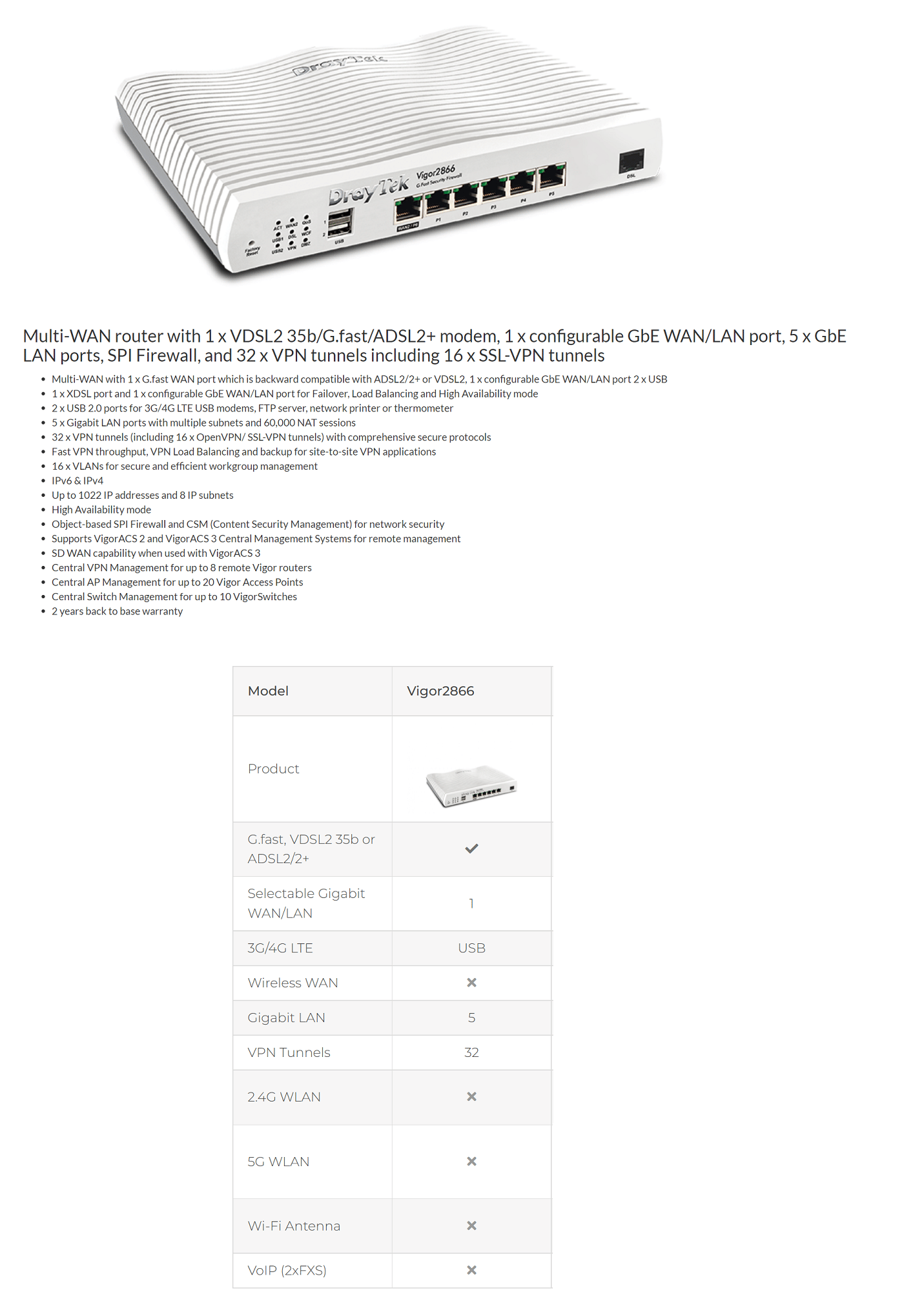 DrayTek Vigor 2866 Multi-WAN G.fast/VDSL2 Supervectoring Modem Router
