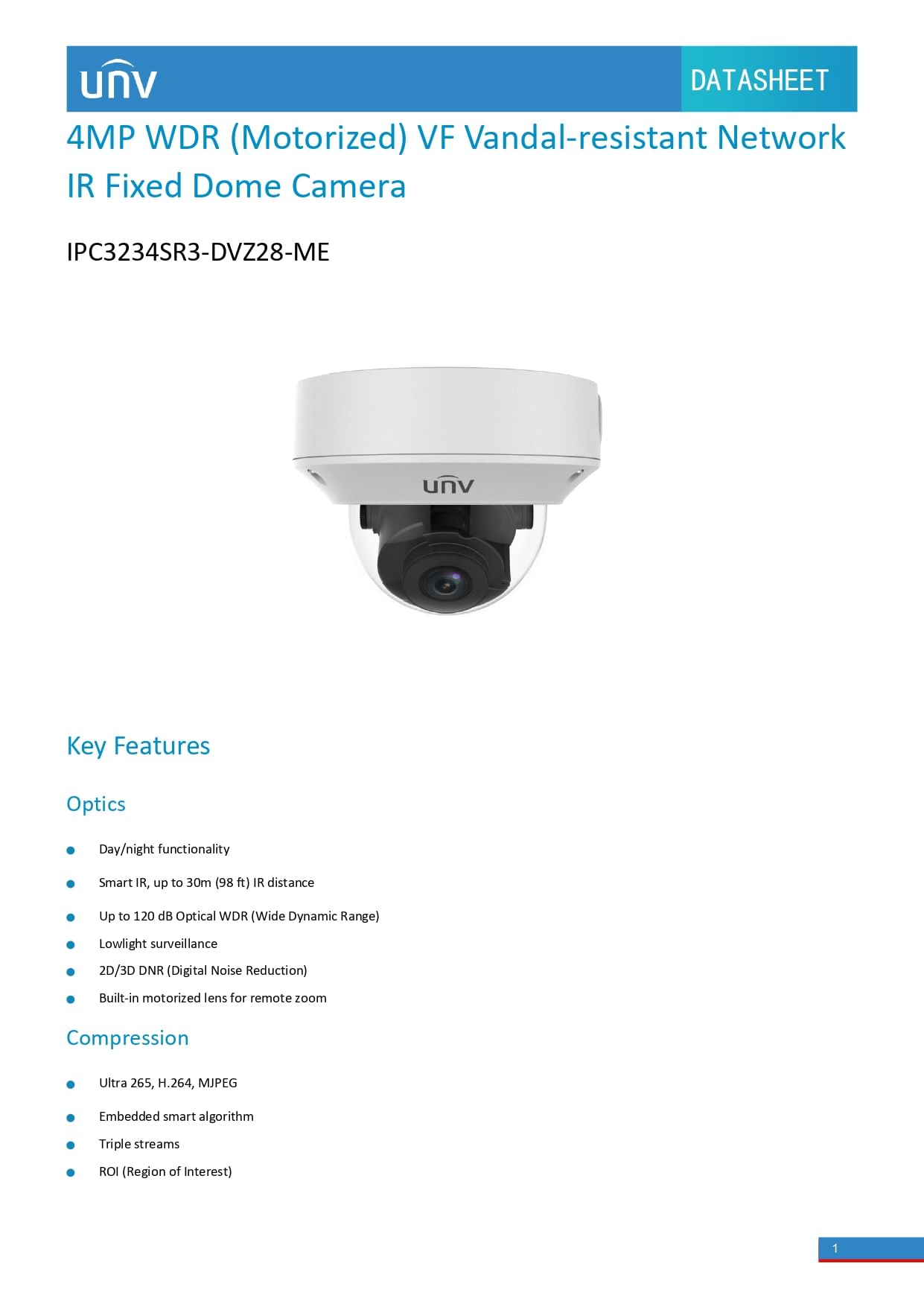 Uniview IPC3234SR3 4mp WDR (Motorized) VF Vandal-resistant Network IR Fixed Dome Camera