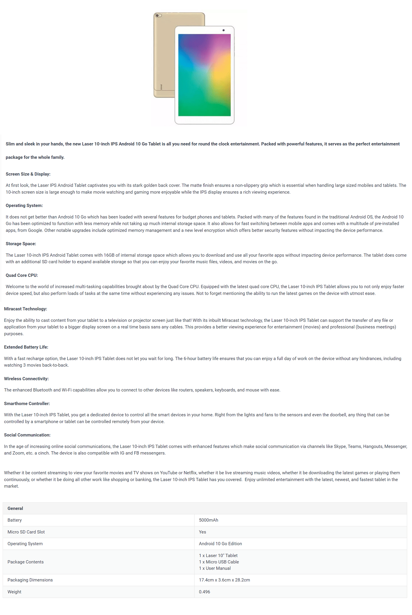 Laser 10" IPS Android Tablet Aztec Gold