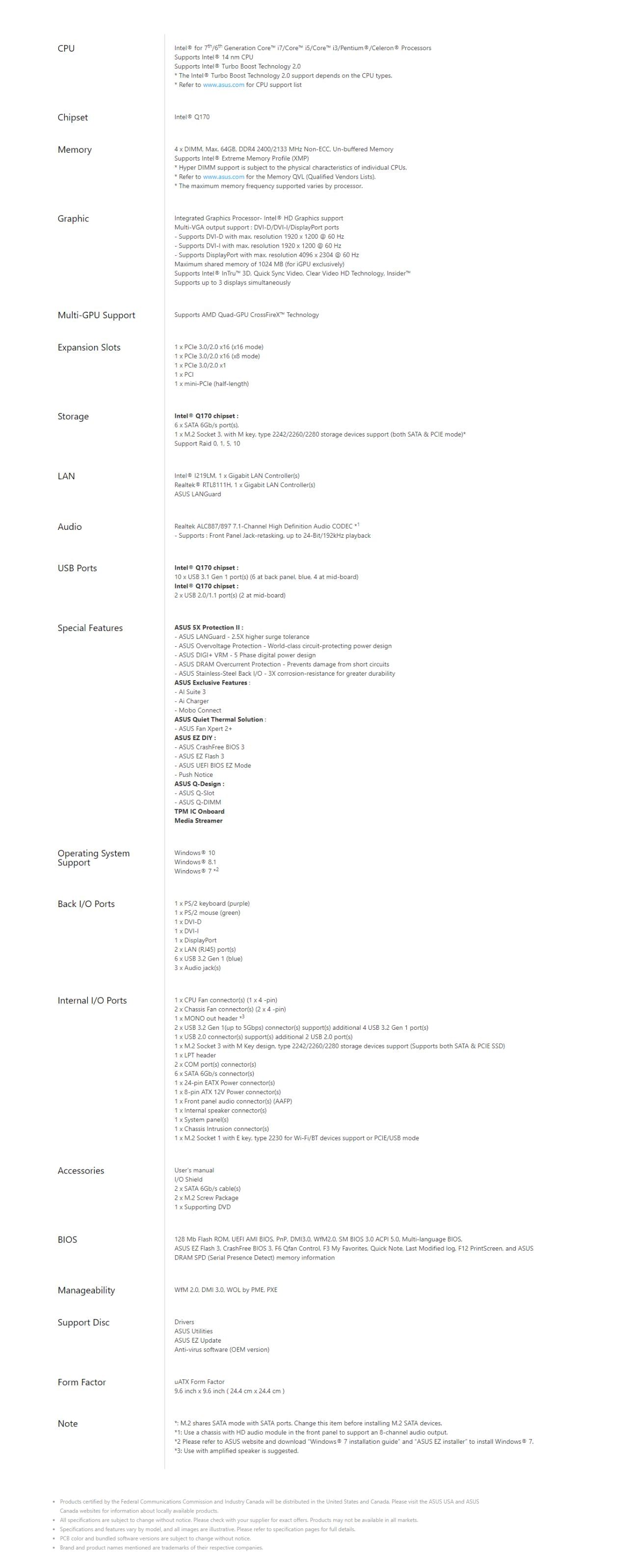 Asus Q170M2 Micro-ATX Motherboard (6th & 7th Gen Processor) OEM Packaging
