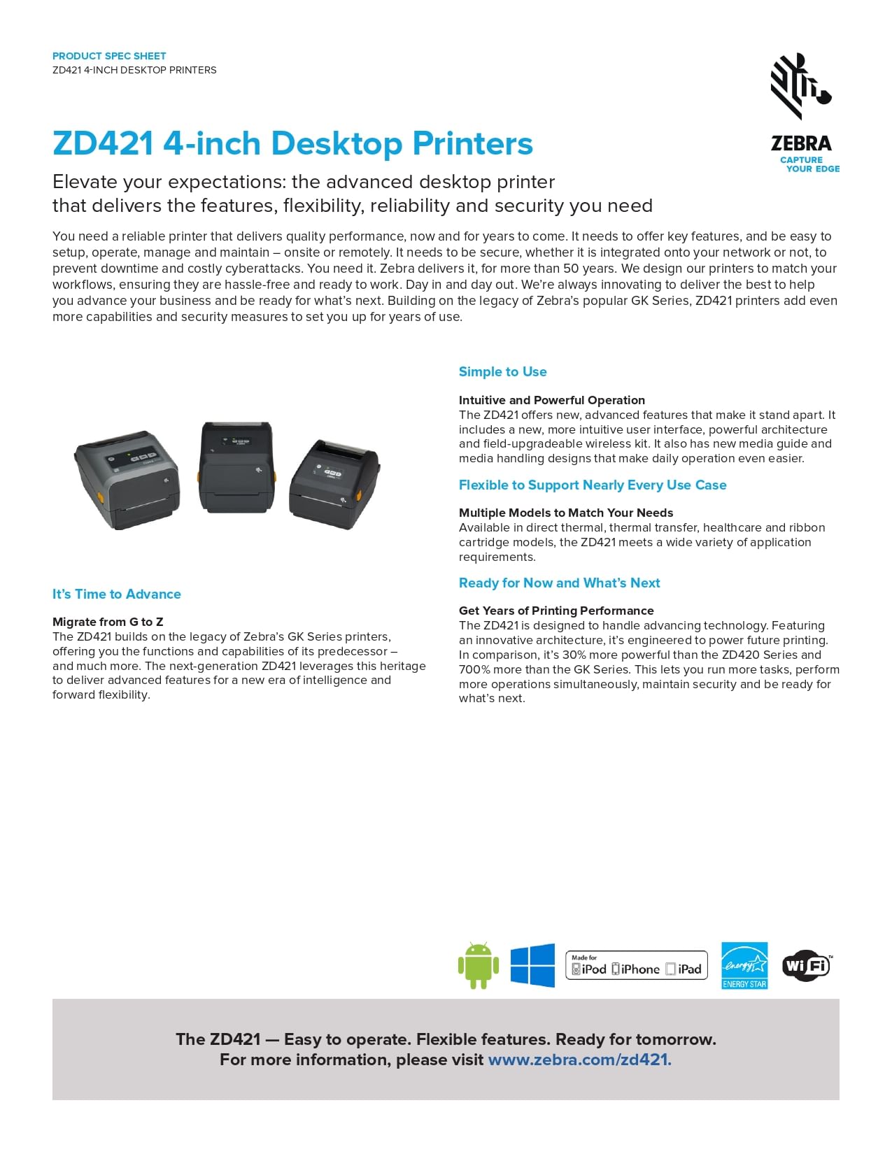 Zebra ZD421 Direct Thermal Printer Desktop with 203 DPI, Bluetooth ...