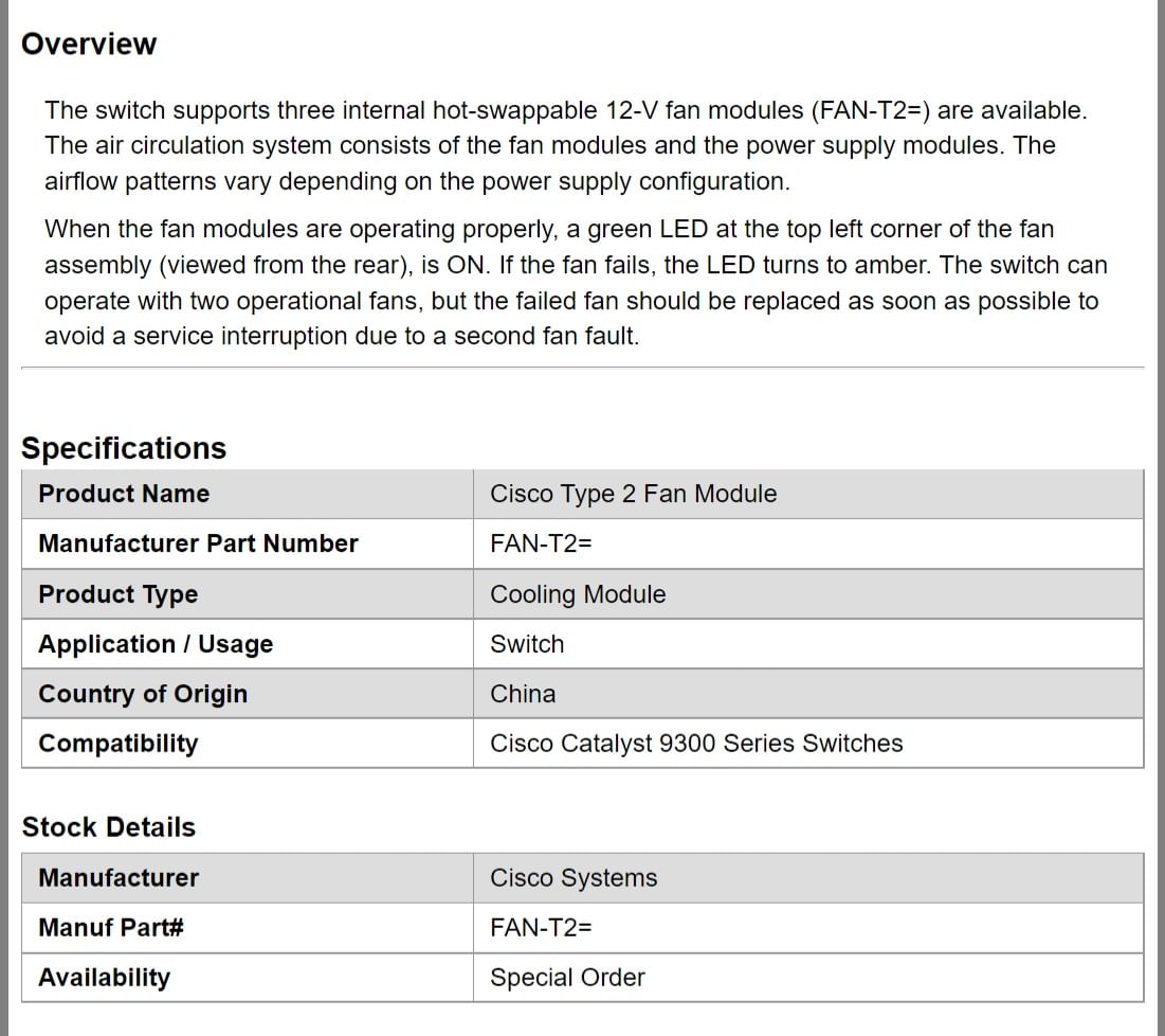 Cisco Type 2 Fan Module Spare
