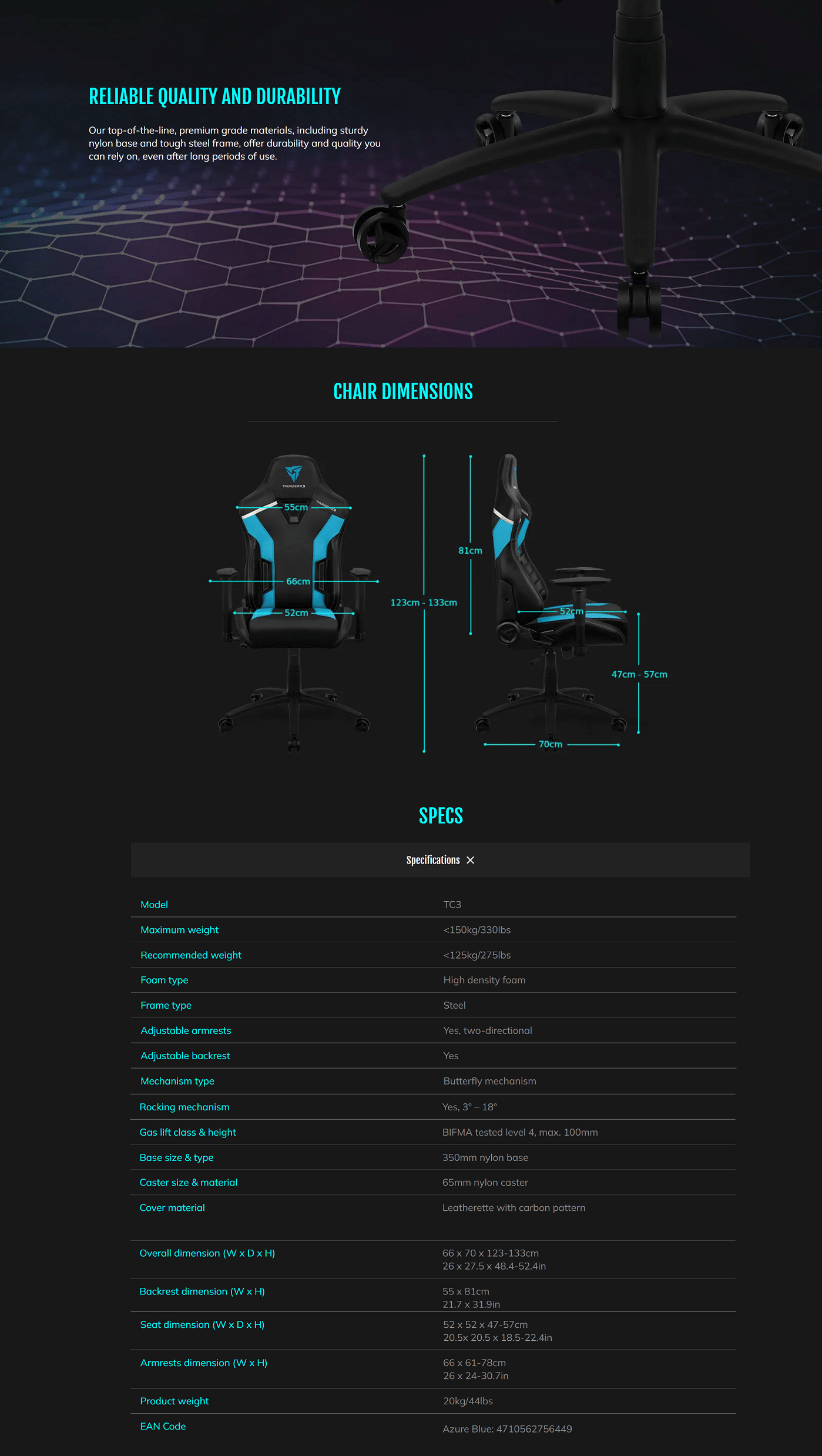 Aerocool ThunderX3 TC3 Azure Blue Gaming Chair