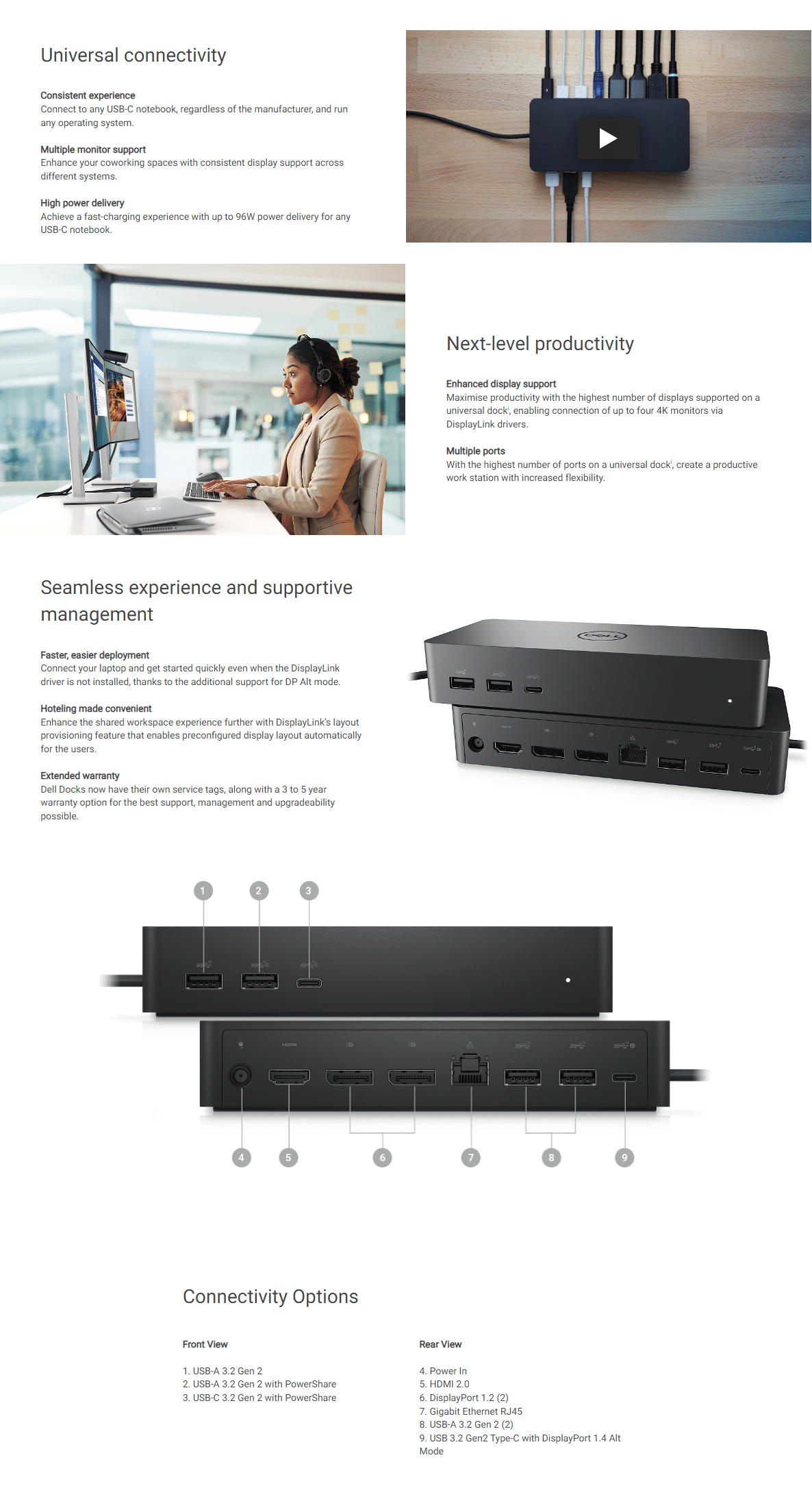 Dell UD22 USB-C Universal Docking Station, 96W PD, 130W AC Adapter