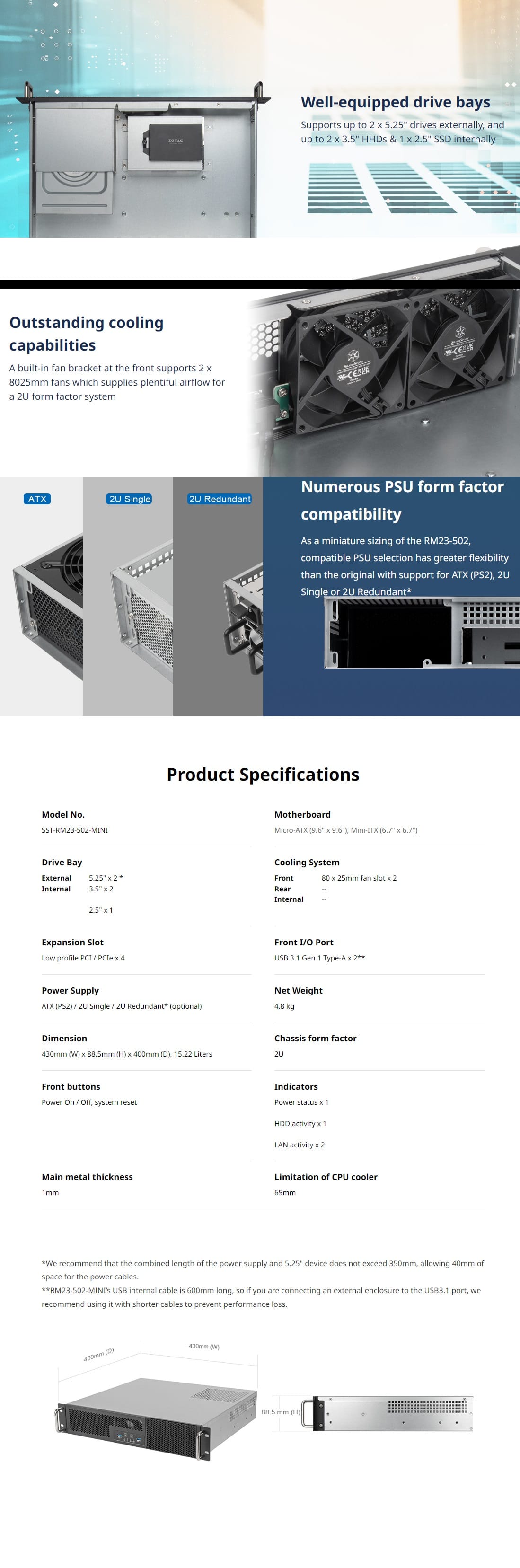 Silverstone RM23-502 Micro-ATX Mini 2U Rackmount Industrial Server Chassis