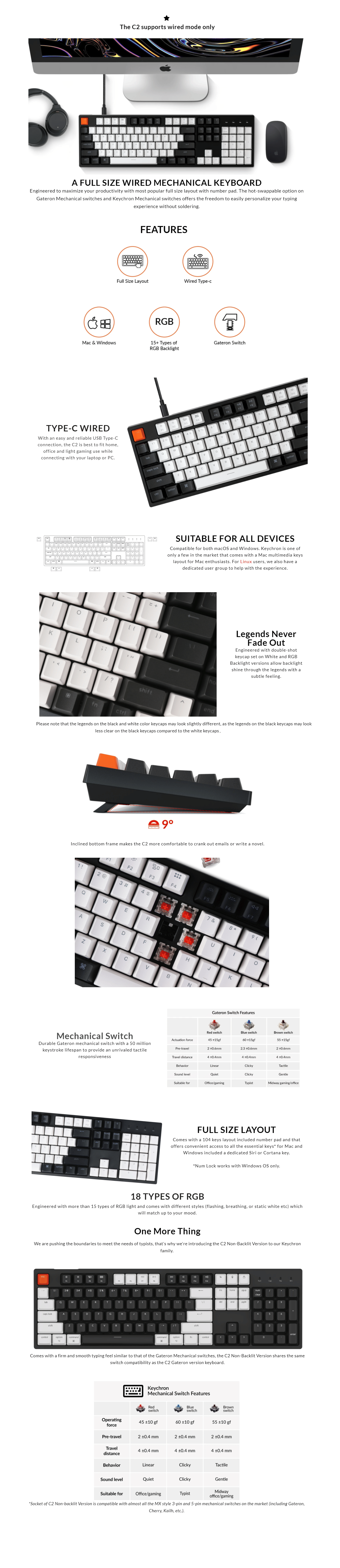 Keychron C2 Gateron 104 Keys Mechanical Wired Keyboard Blue