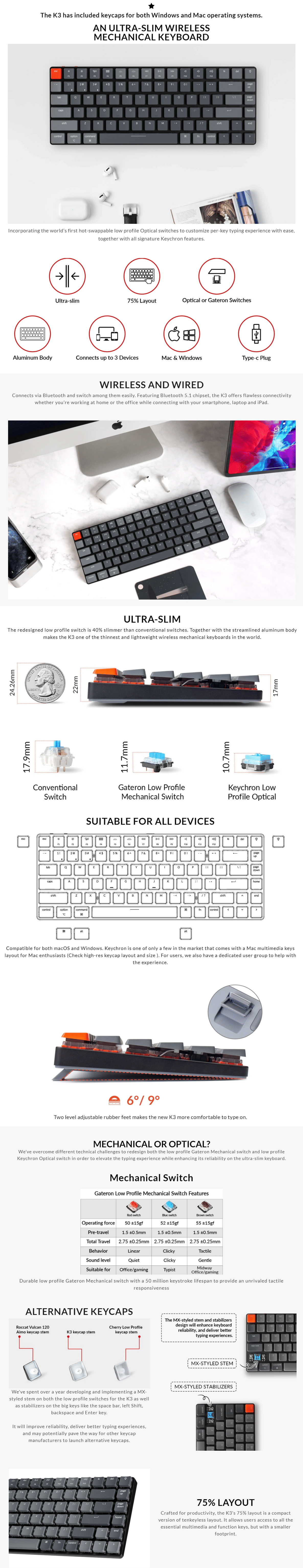 Keychron K3 v2 75% Low-Profile Bluetooth White Backlit Wireless 84 Keys Ultra Slim Keyboard ...