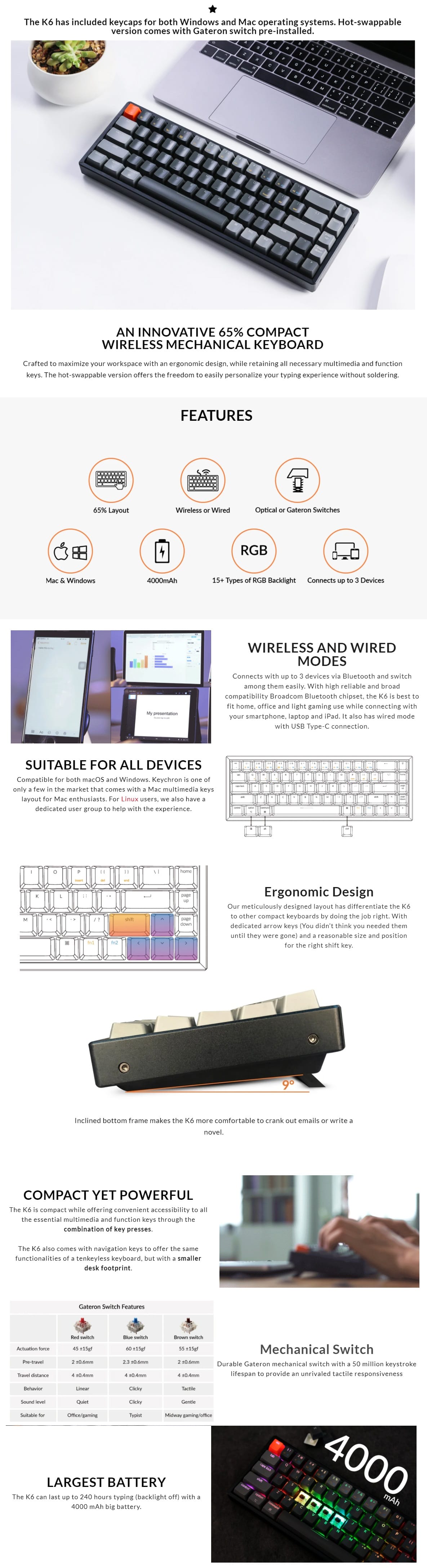 Keychron K6 RGB Wireless Mechanical Keyboard - Blue Switch