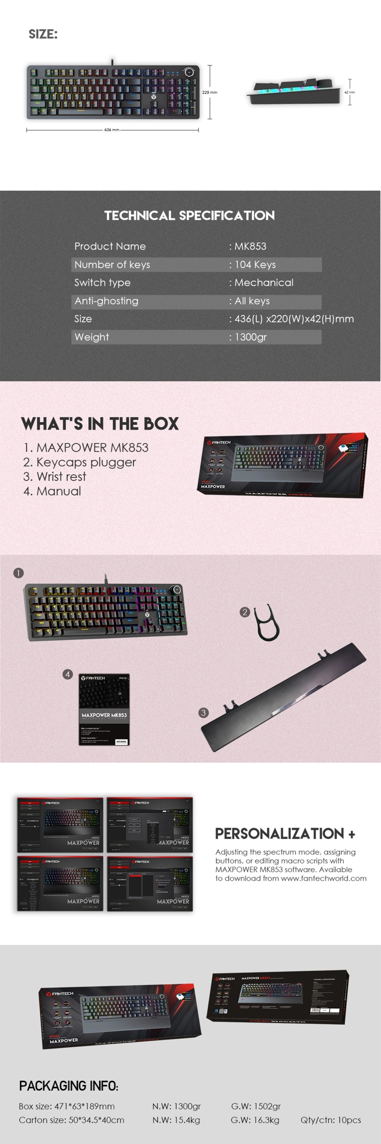 Fantech Gaming PC Mechanical Keyboard LED Backlit Anti-Ghosting Key with Knob and Wrist Rest (Black)