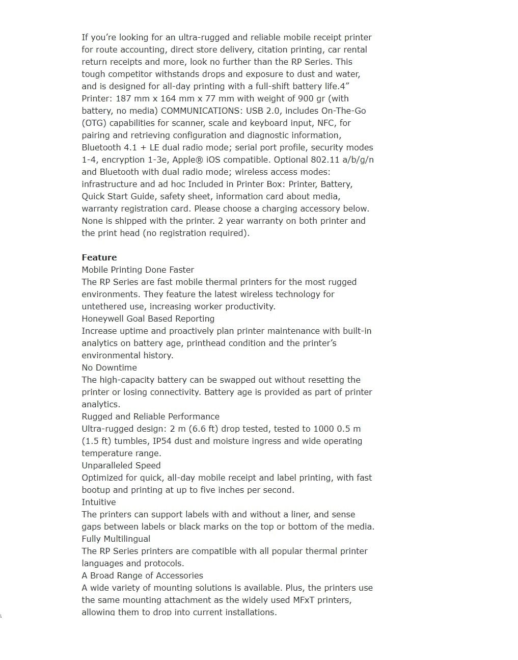 Honeywell RP4F BT5+ WiFi Barcode Mobile Printer