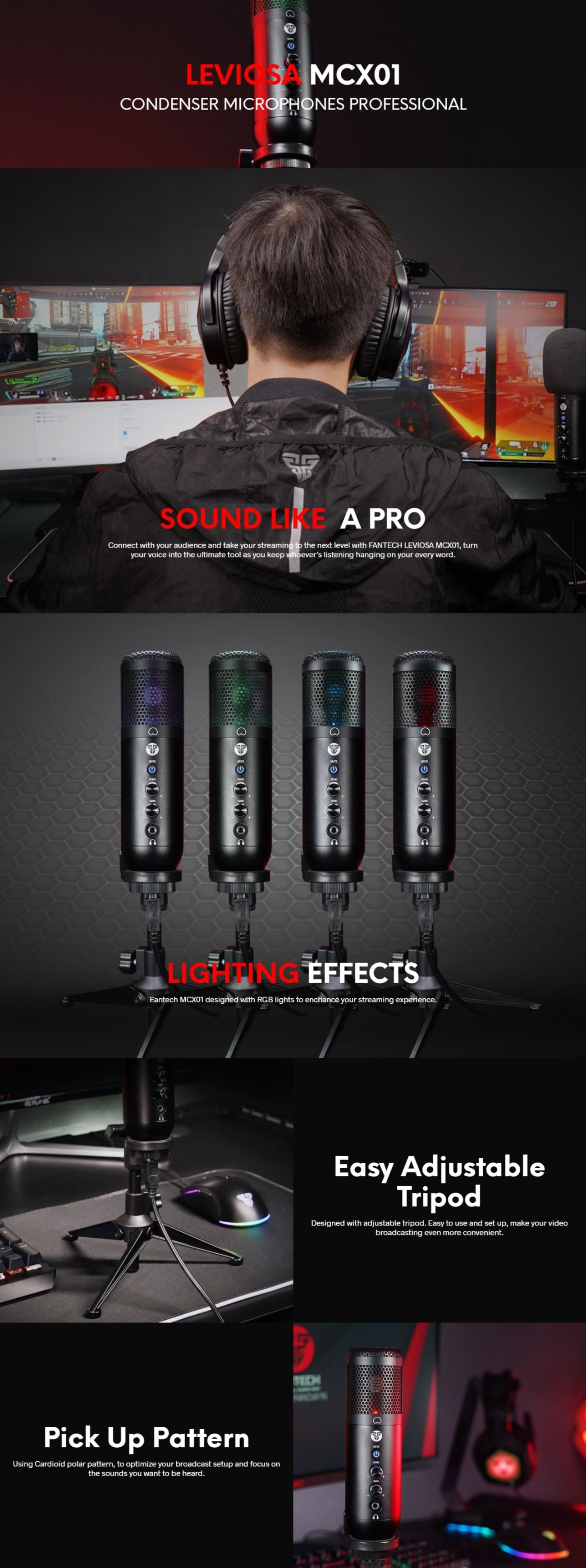 Fantech PC Computer USB Microphone RGB Light Mic with Adjustable Tripod ...