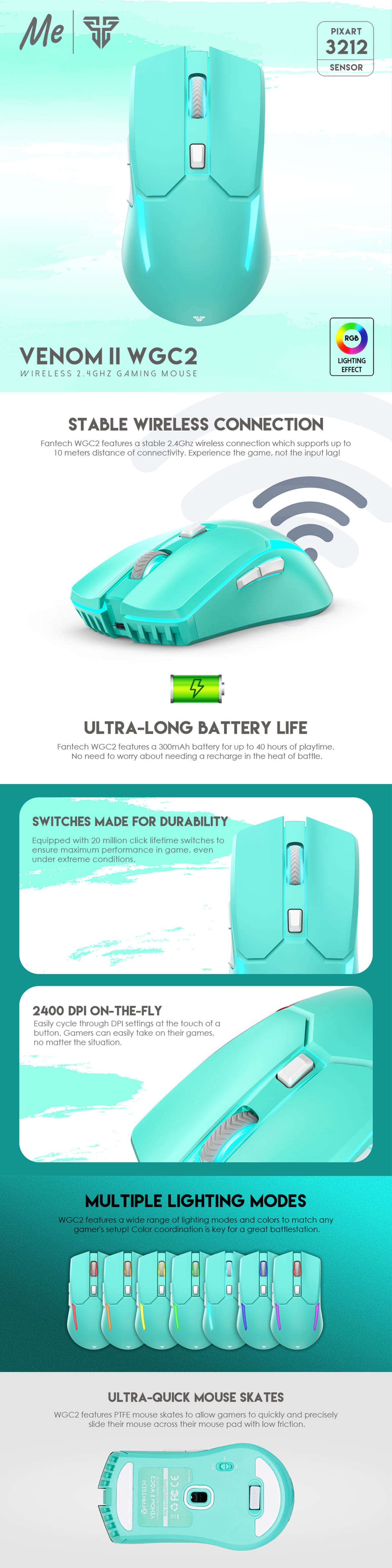 Fantech 2.4Ghz Wireless Gaming PC Mouse Mint Colour Adjustable 2400 DPI ...