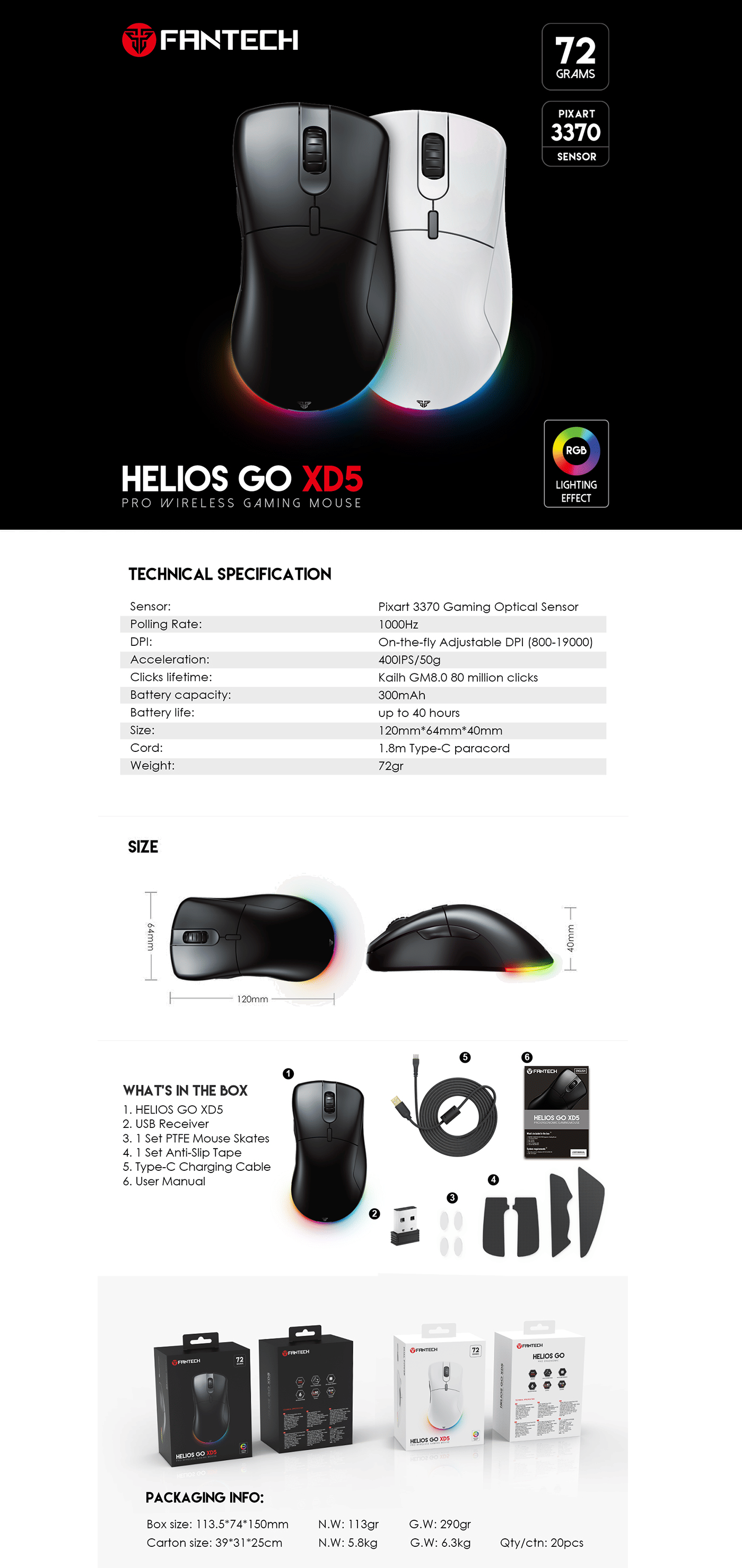 Fantech XD5 Gaming PC Wireless Mouse PIXART 3370 RGB Light 72gr 6D ...