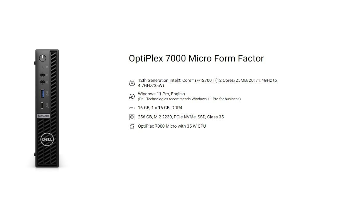 Dell OptiPlex 7000 Micro Form Factor i7-12700T, 16GB RAM, 256GB SSD ...