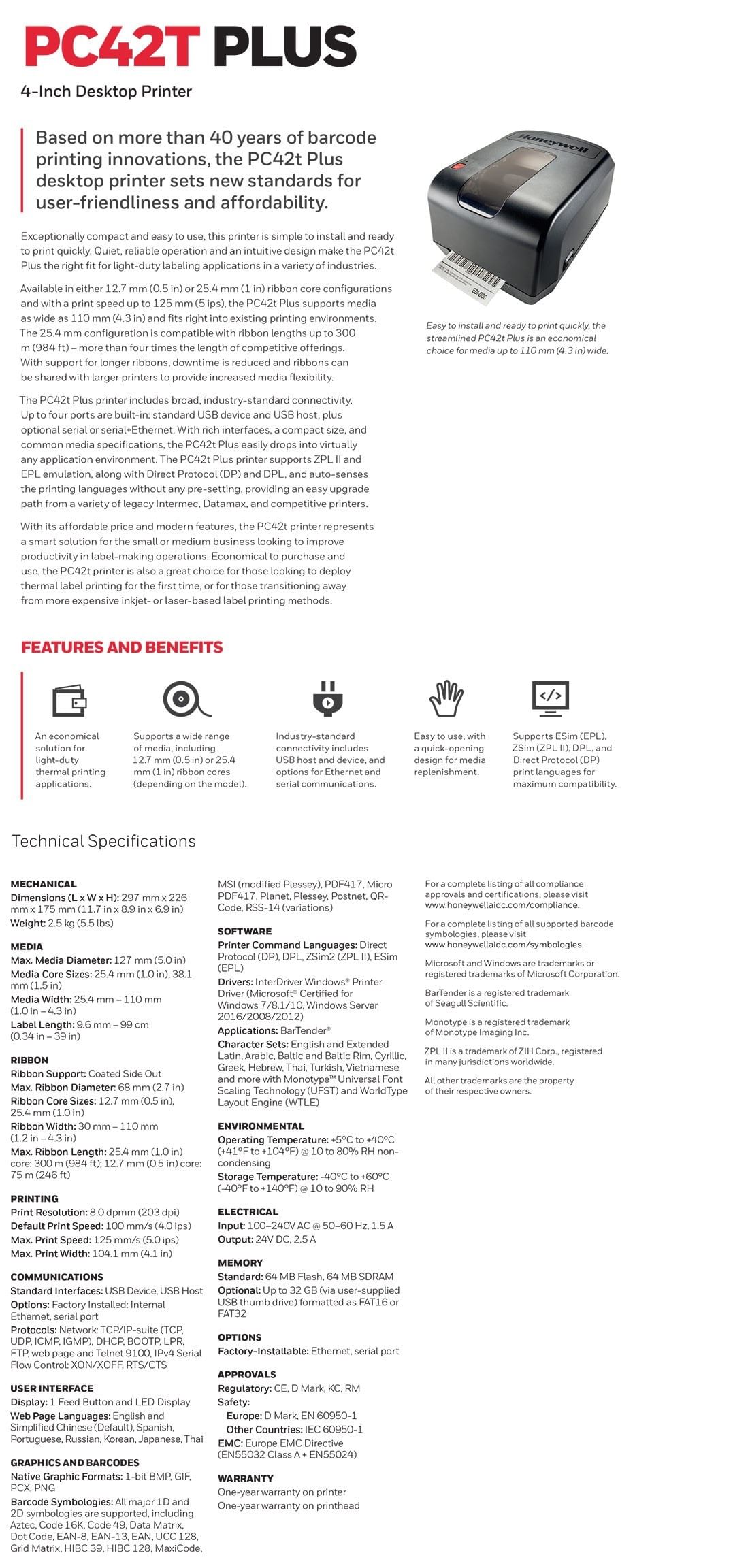 Honeywell PC42t Thermal Transfer 203dpi Desktop Label Printer - USB/Ethernet/Serial