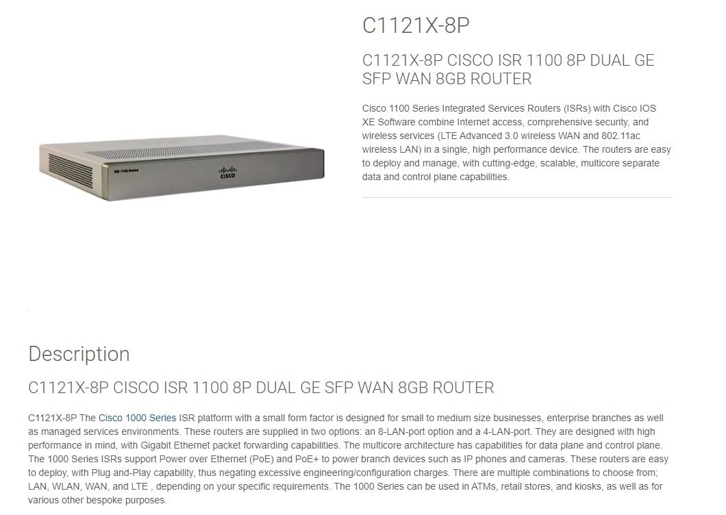 Cisco ISR 1100 8P Dual GE SFP WAN 8GB Router