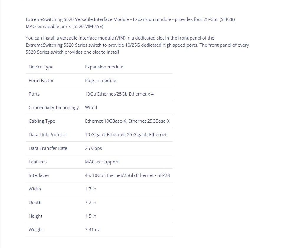 Extreme Networks 5520-VIM-4YE 5520 Interface Module 4 SFP 28 Ports