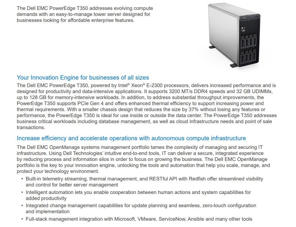 Dell EMC PowerEdge T350 4.5U Tower Server E-2314 8GB 1.2TB SAS 600W