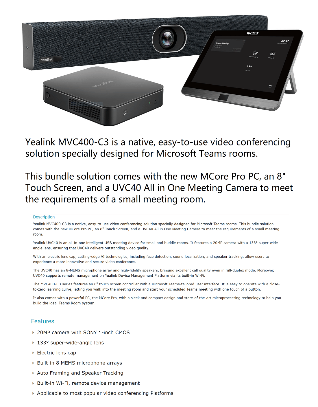 Yealink MVC400 Room System for Microsoft Teams and SFB For Small Rooms