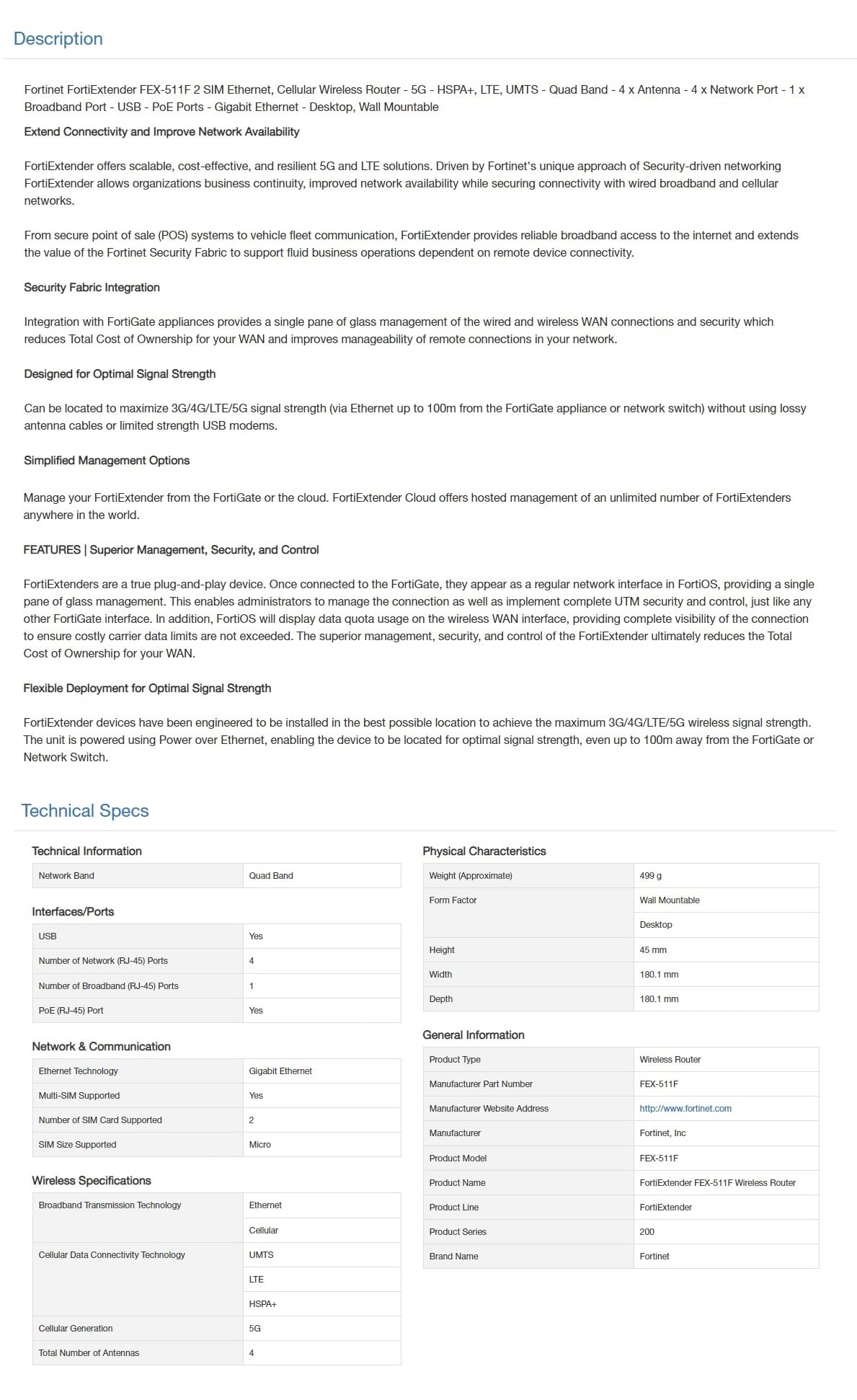 Fortinet FEX-511F Indoor Broadband Wireless WAN Router