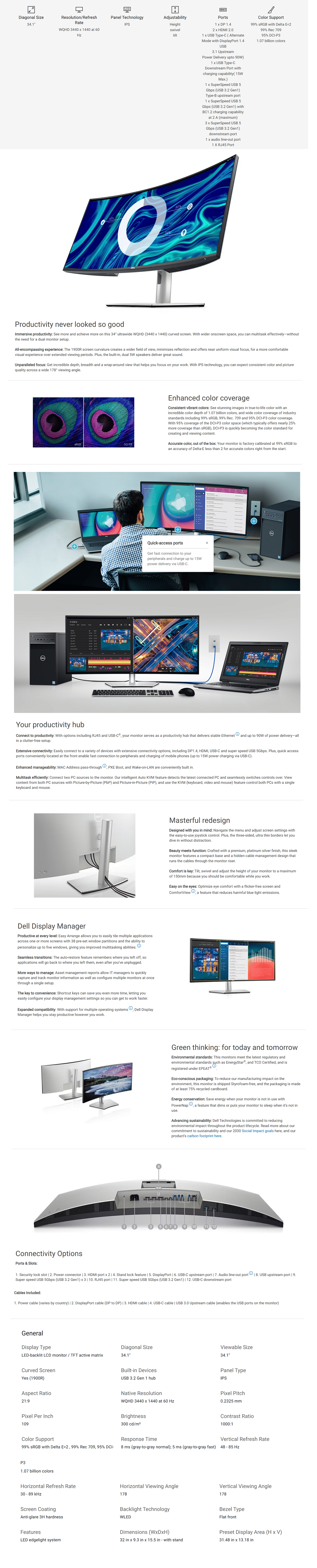 Dell U3423WE UltraSharp 34" WQHD IPS LED Curved Height Adjustable Monitor