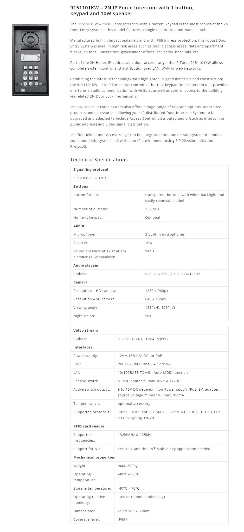 Axis 2N IP Force Intercom with 1 Button, Keypad and 10W Speaker