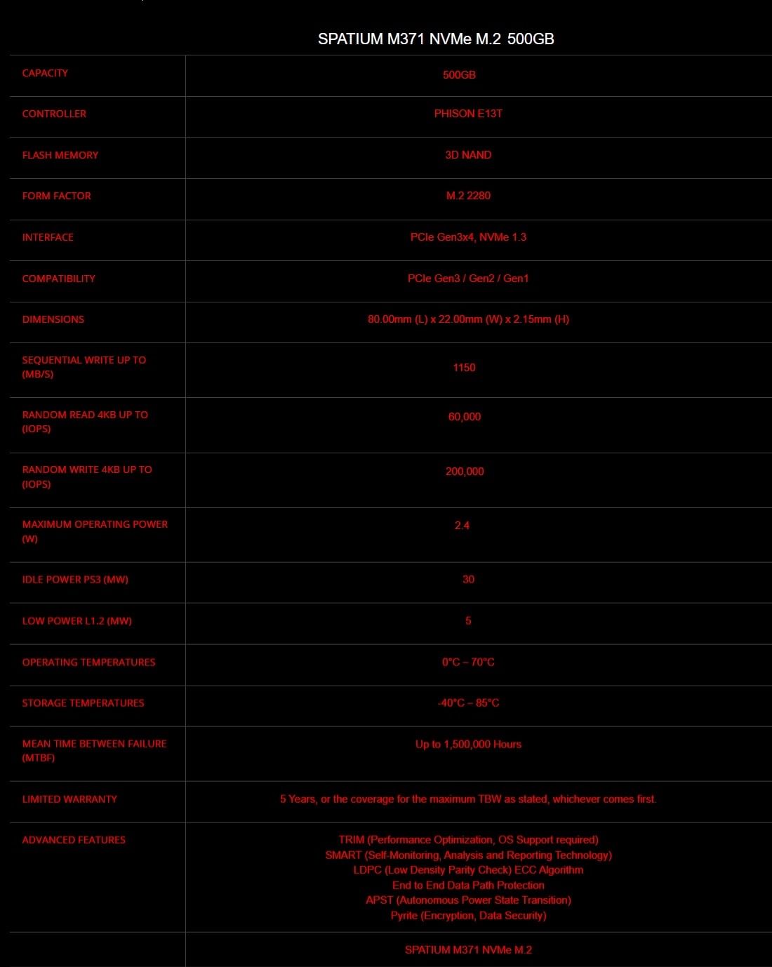 MSI SPATIUM M371 500GB NVMe M.2 SSD