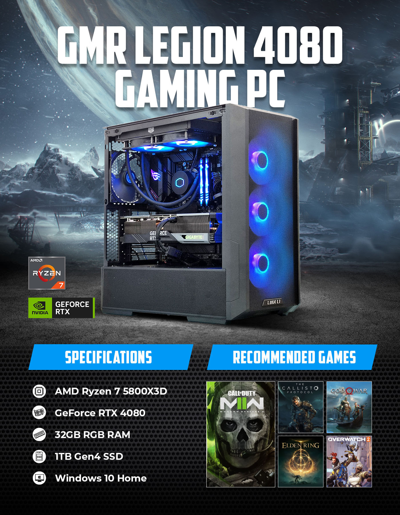 GMR Legion 4080 Gaming PC - Ryzen 7 5800X3D, 32GB RAM, RTX 4080, 1TB ...