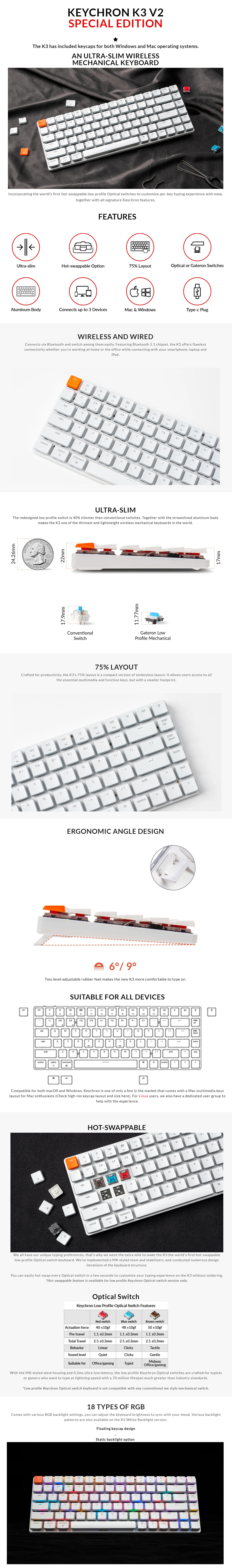 Keychron K3 White 75% Low-Profile Bluetooth RGB Backlit Wireless Hot ...
