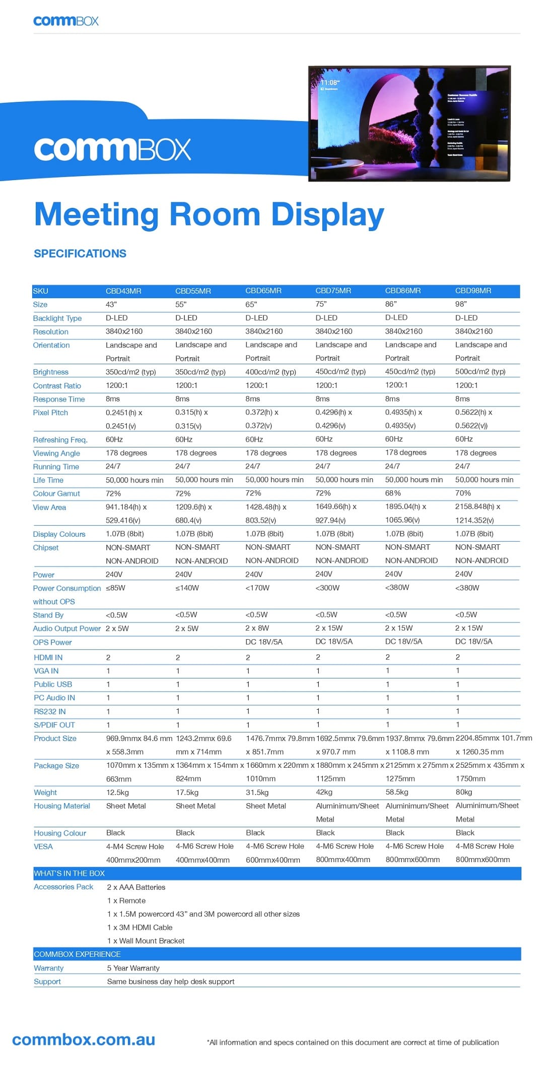 Commbox CBD43MR 43" 4K UHD 24/7 Meeting Room Display