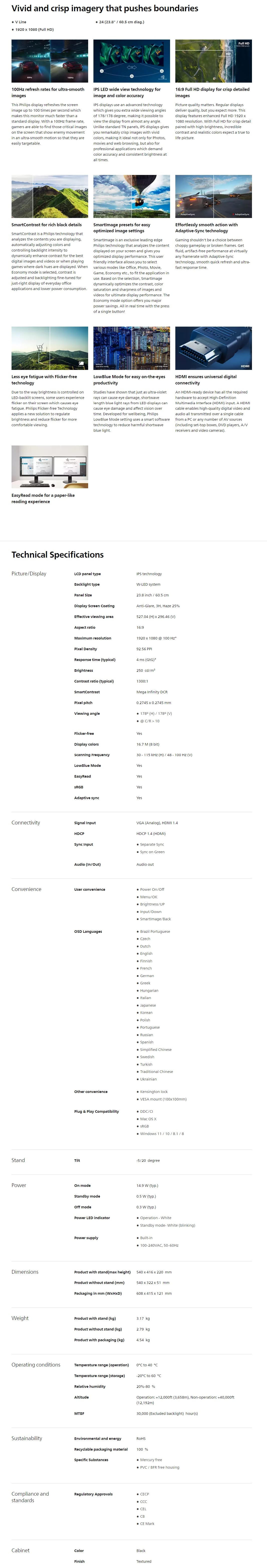 Philips 241V8B 24" FHD IPS 100Hz Monitor