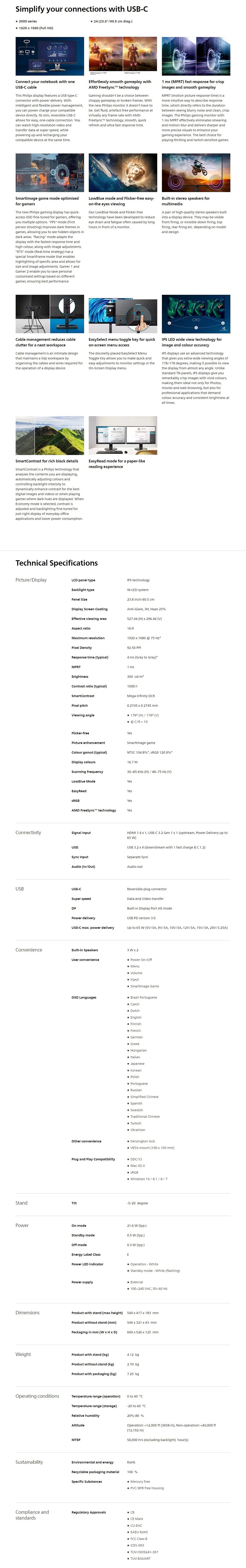 Philips 24E1N3300A 23.8" IPS FHD 1ms 75Hz USB-C Monitor