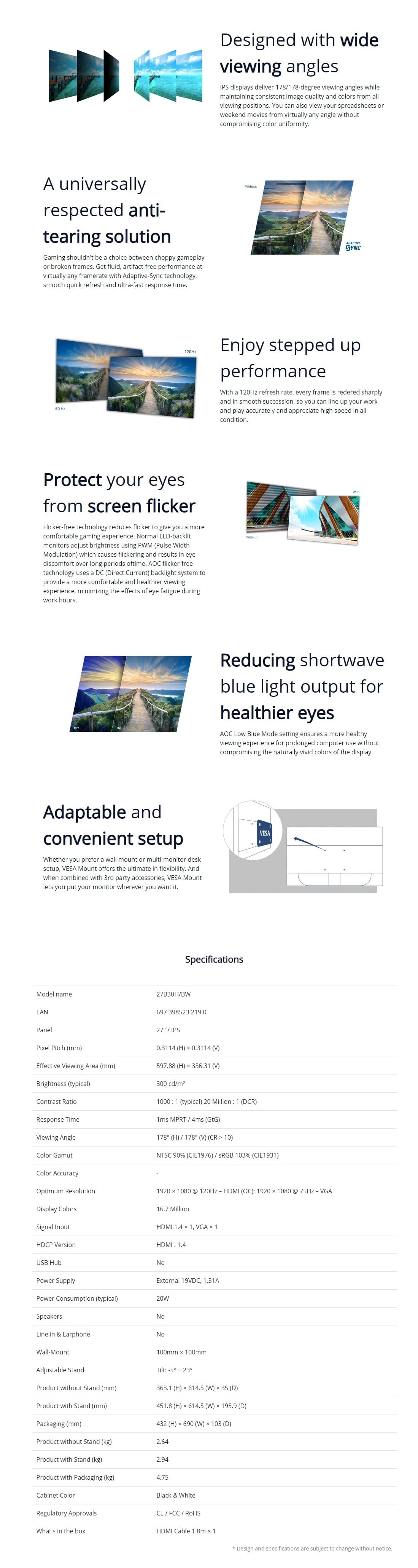 AOC 27B30H/BW 27" FHD IPS 1ms 120Hz Adaptive Sync 3-Sided Frameless Monitor - White