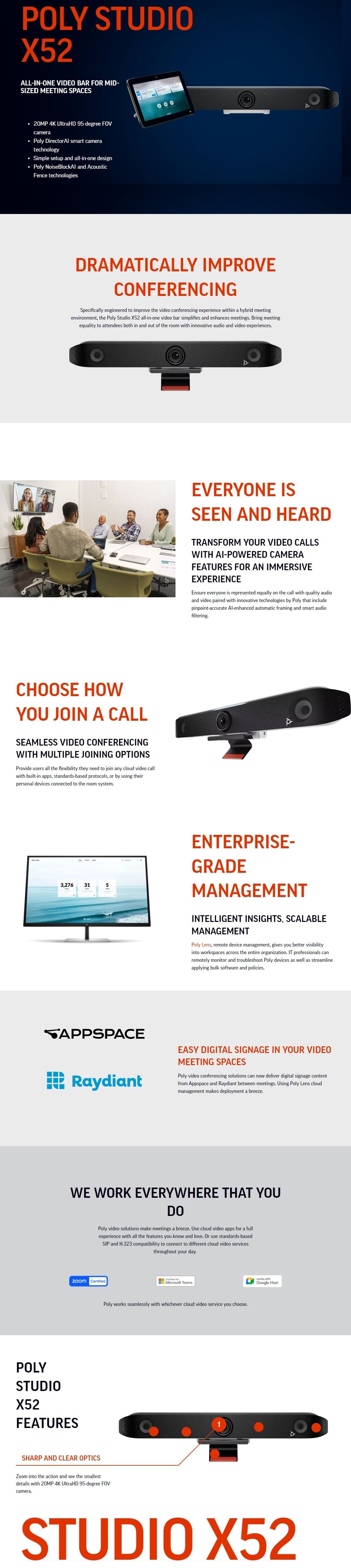 Poly Studio X52 AIO 4K Video Conference Bar Medium Room