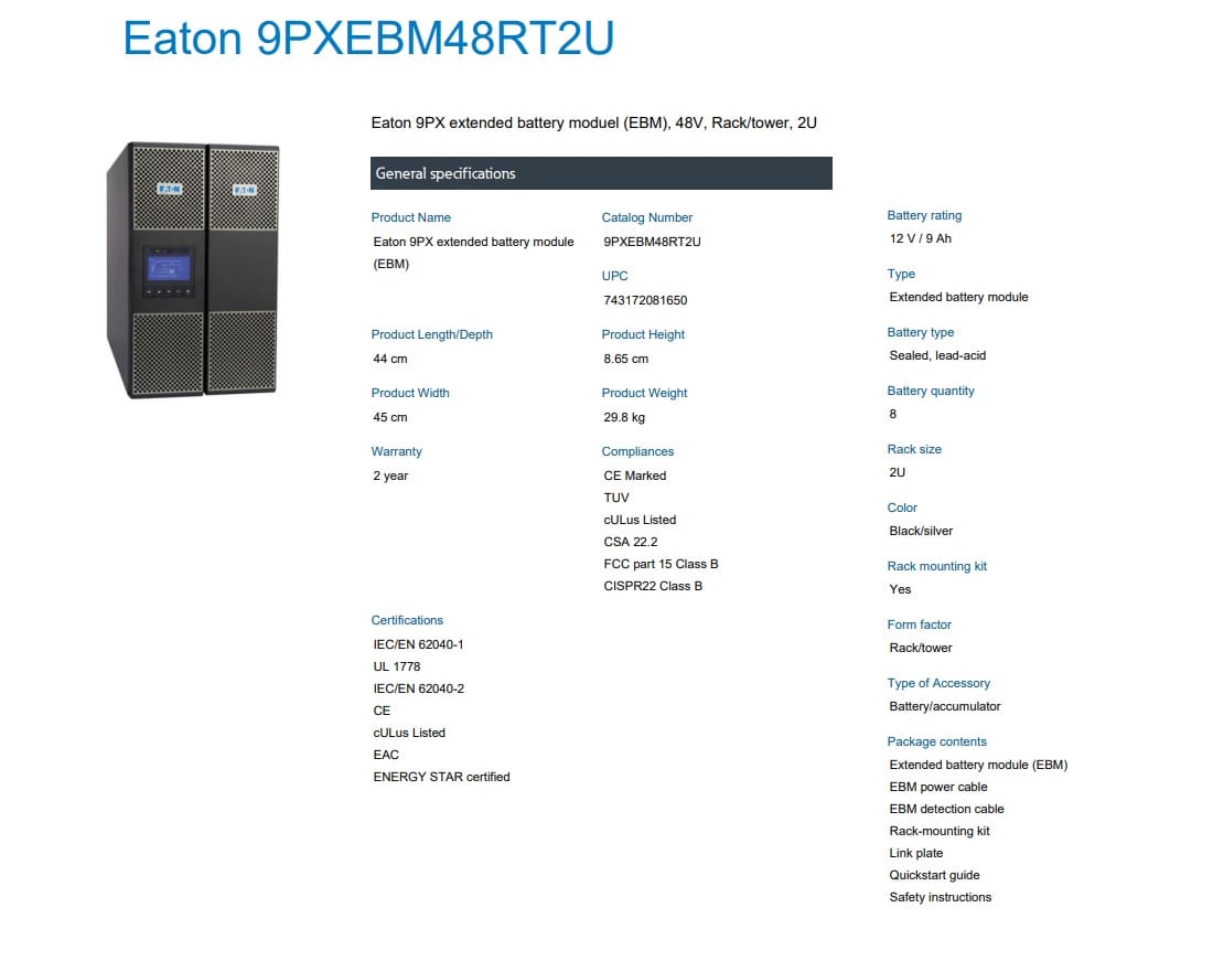 (Carton Damaged) Eaton 9PX EBM 1KVA/1.5KVA 72V 2U Rack/Tower UPS