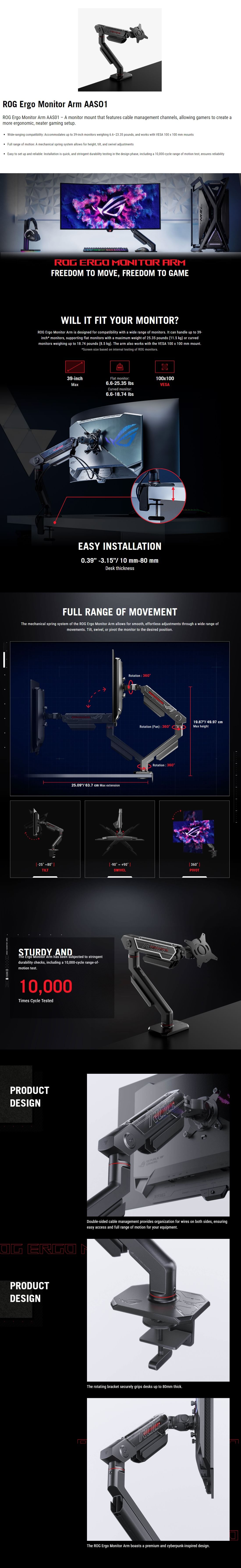 ASUS ROG Ergonomic Monitor Arm For Up to 39" Monitors