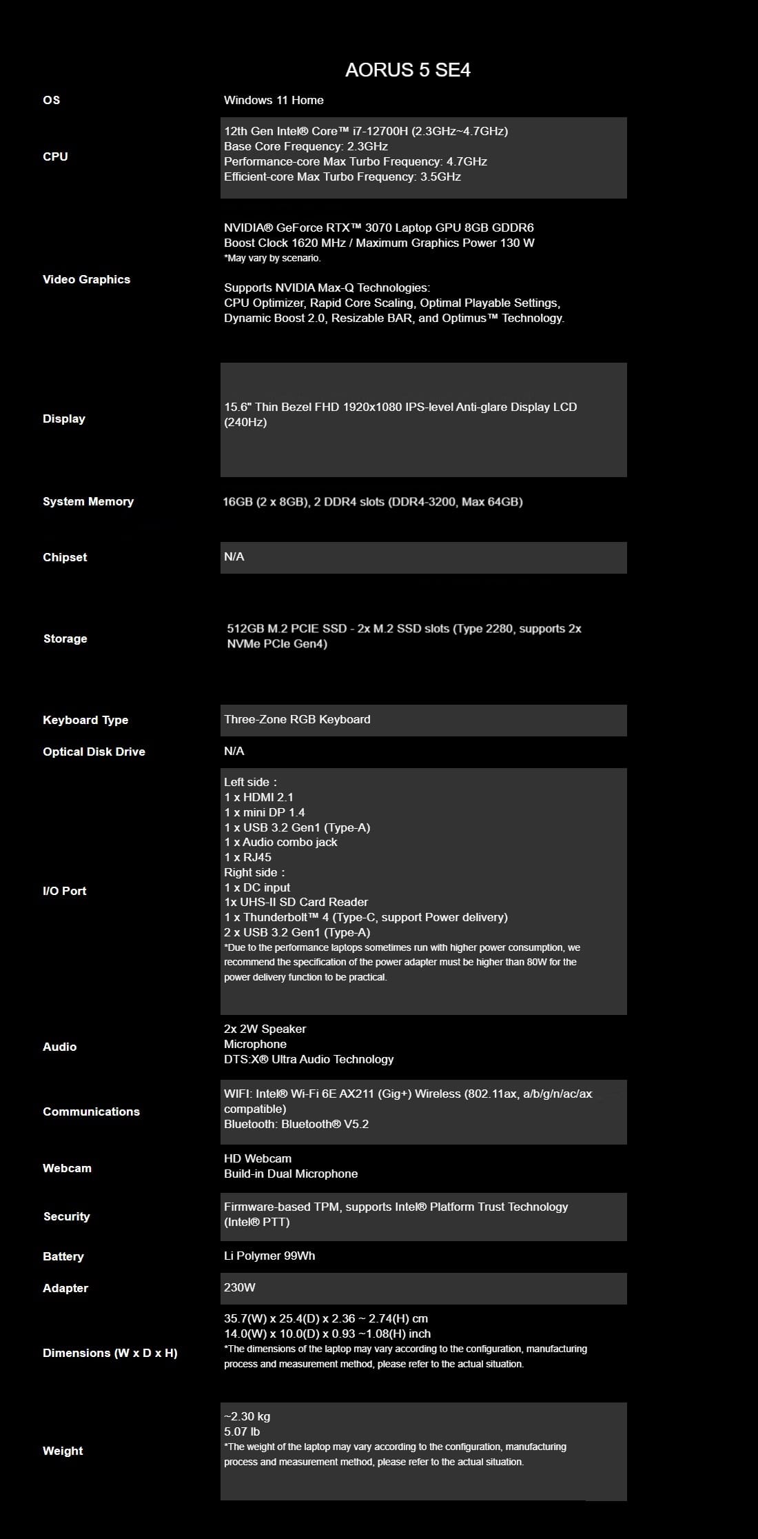 Gigabyte AORUS 5 SE4 15.6" FHD IPS 240Hz Laptop, i7-12700H, 16GB RAM ...