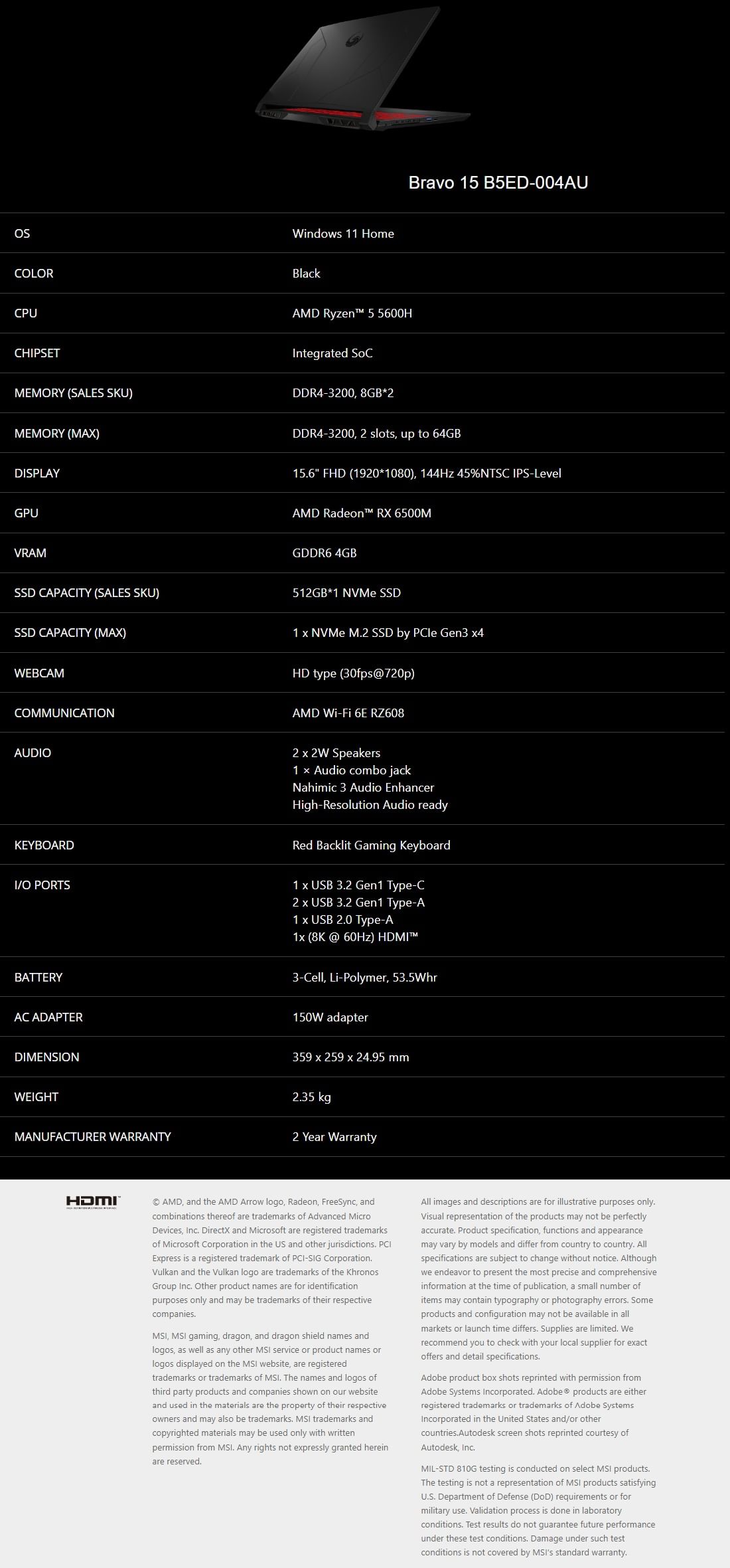 MSI Bravo 15 B5ED 15.6" FHD Laptop, Ryzen 5-5600H, 16GB RAM, 512GB SSD, RX6500M, Windows 11 Home